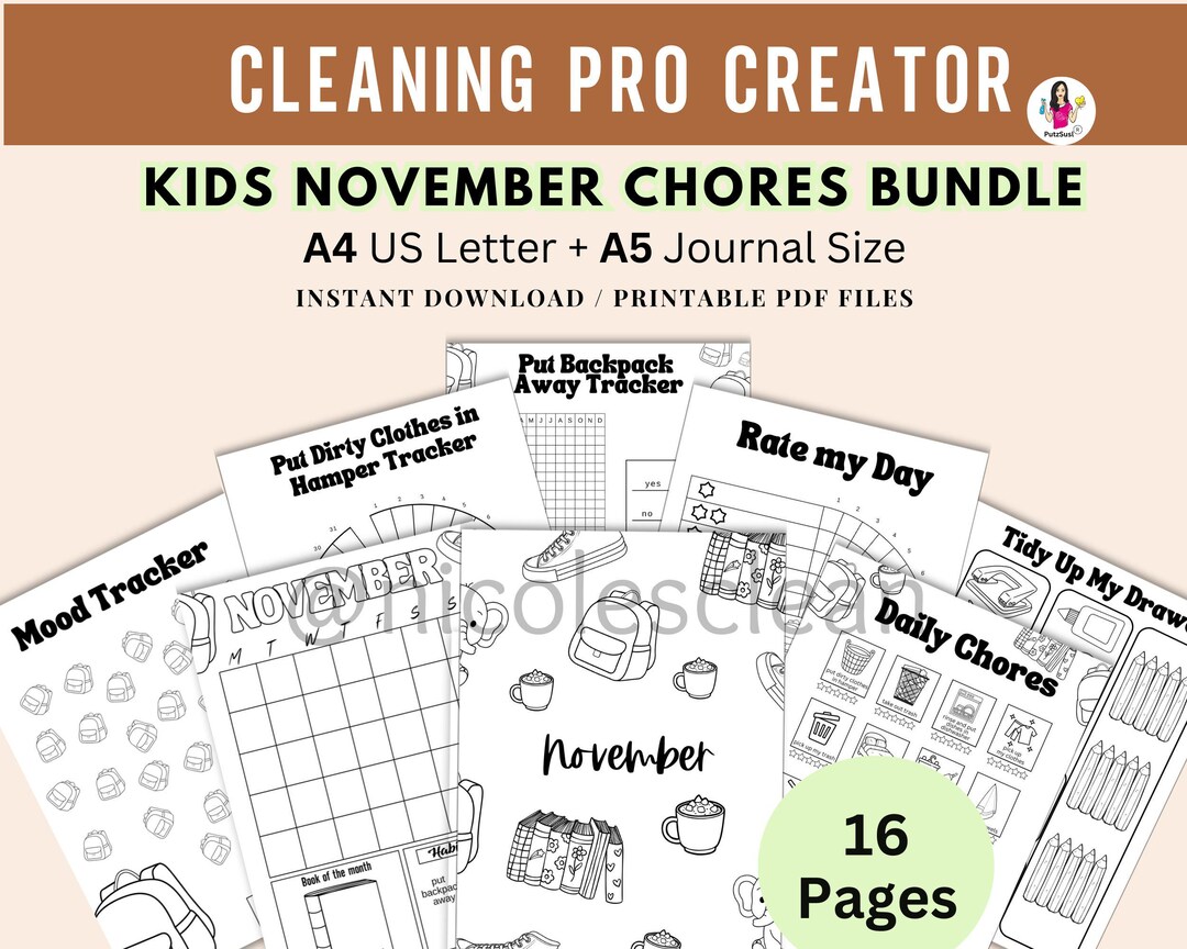 Kids Chore Tracker Printable Bundle November Journal Mood Daily Task ...
