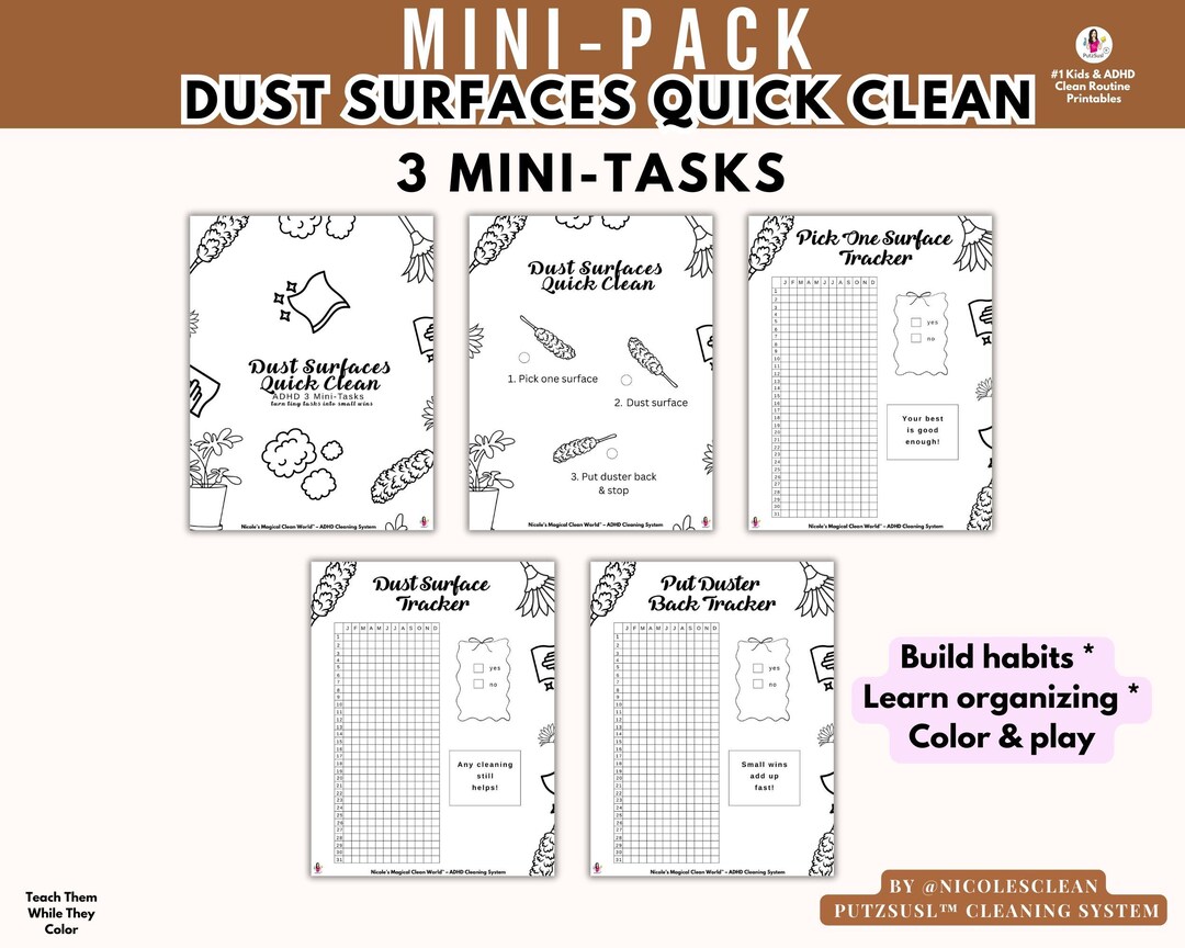 Dust Surfaces Quick Clean Mini Pack – ADHD Cleaning Printable – 3-step ...