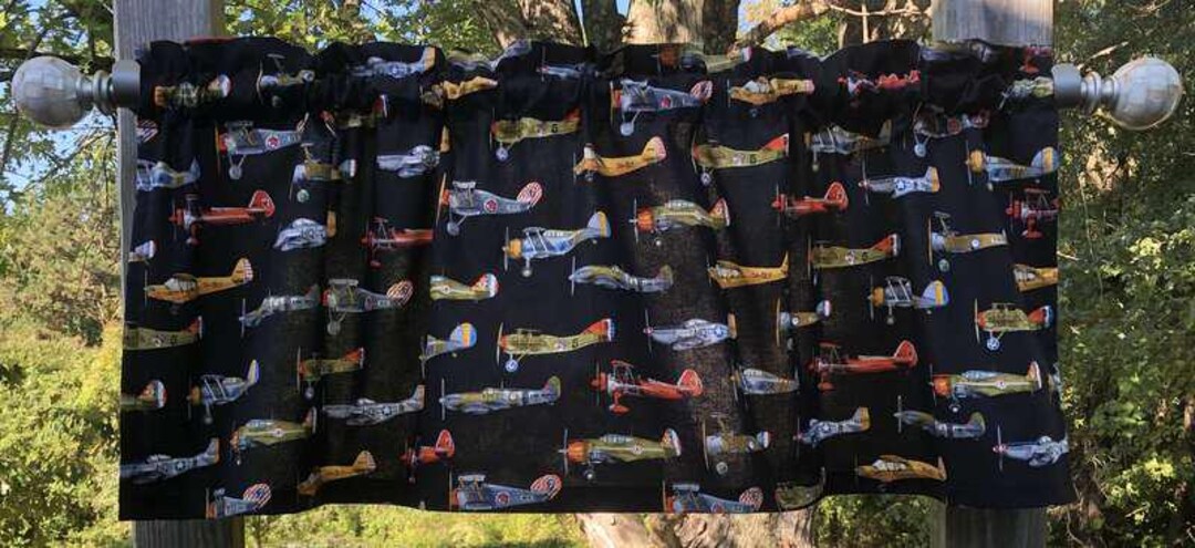 Vintage Airplane Valance Aviation Airplanes on Black Window Curtain ...
