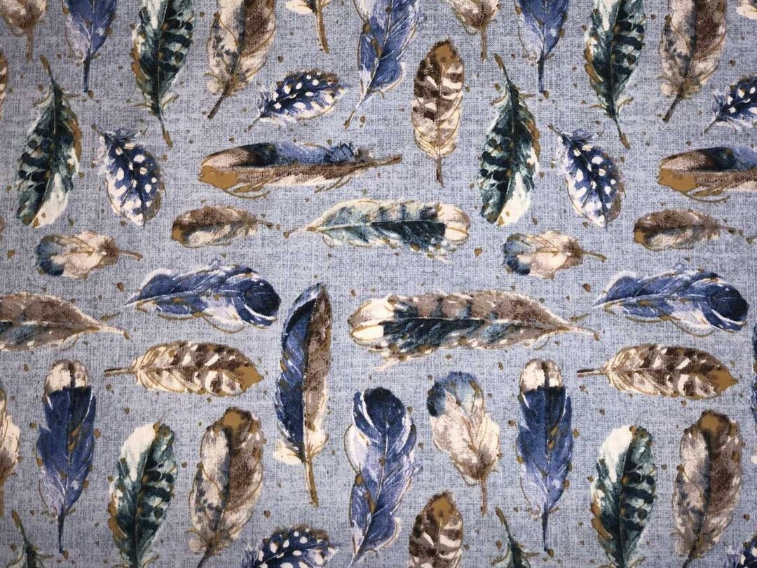 Tribal Bird Feathers Fabric Blue Feather Fabric David Textiles Cotton ...