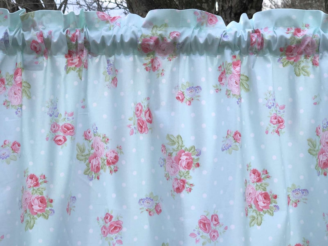 Cottage Floral Pink Blue Valance Pretty Bed Breakfast Pink Roses Polka ...
