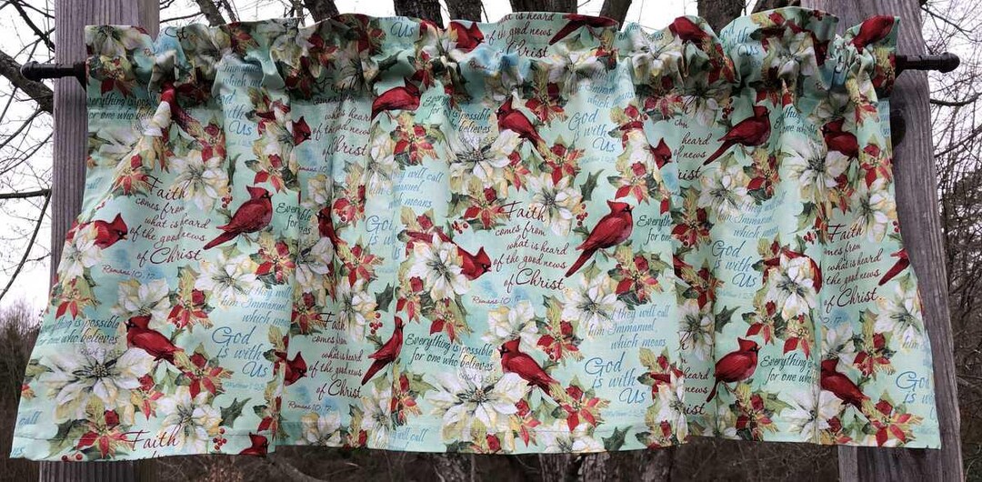 Religious Bible Verse Valance Cardinal Bird Christmas Poinsettia Holly ...