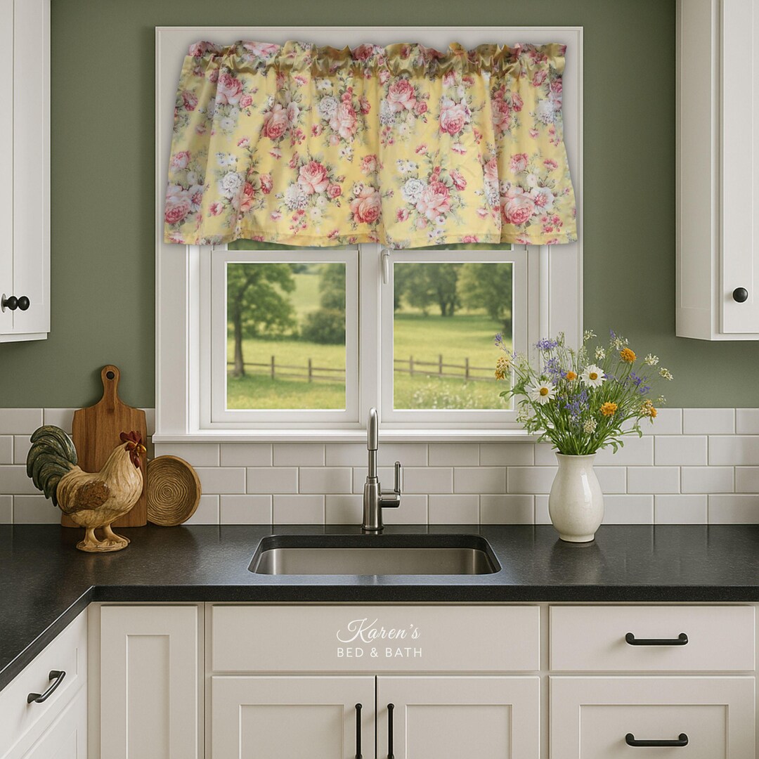 Farmhouse Kitchen Curtains: Shabby Chic Pink Roses Yellow Cottage ...