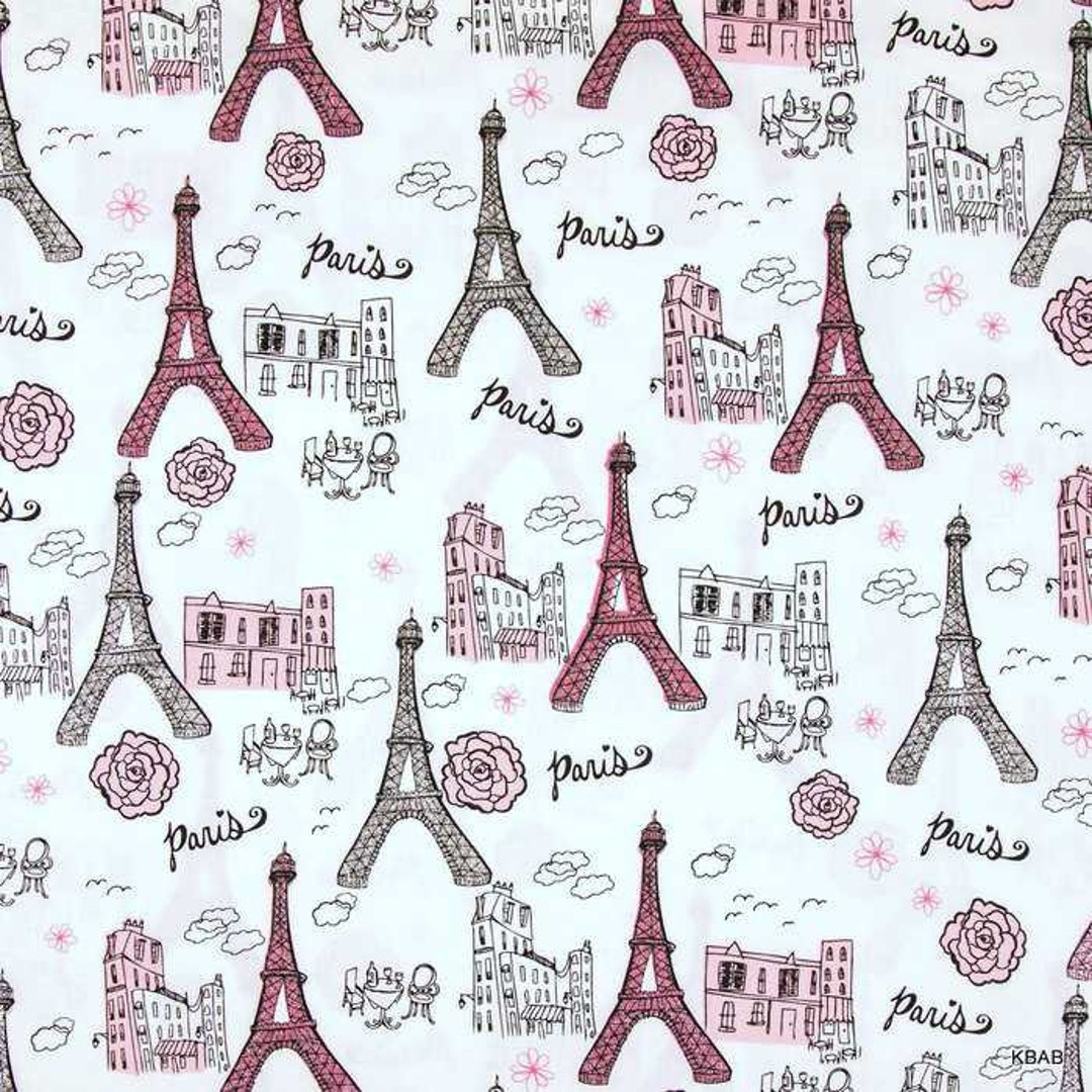 Eiffel Tower Paris Fabric – Pink & Gray Glitter White Cotton Quilting ...