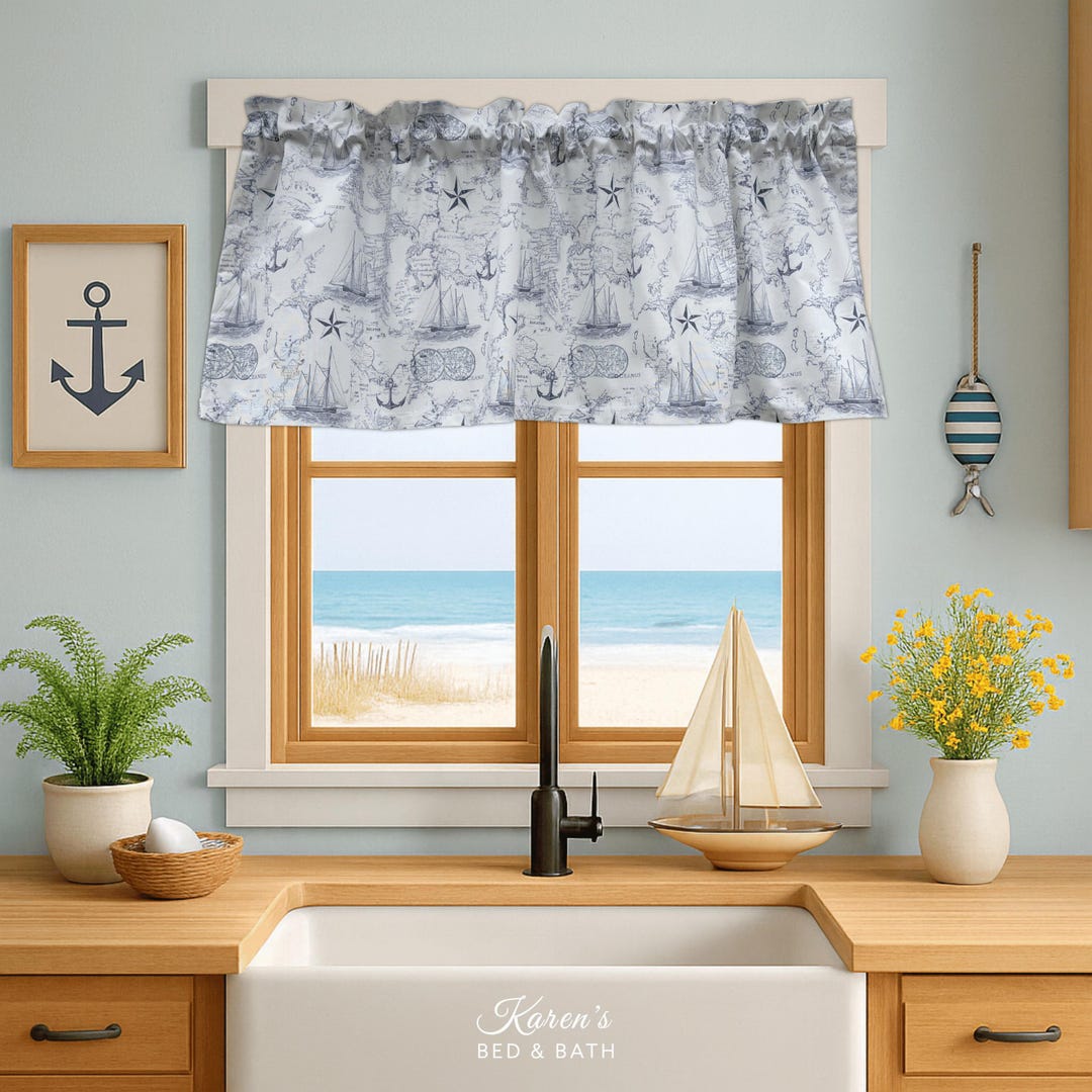 Nautical Valance Coastal Boat Map Curtain, Beach House Window Topper ...