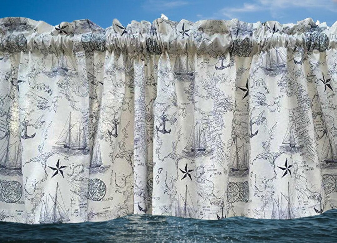 Nautical Map Curtain Valance: Ocean Boat Navy Print, Cotton Tier Panel ...