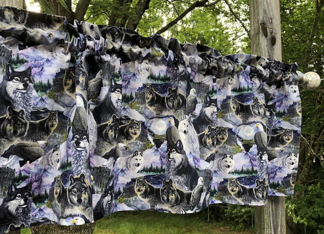 Rustic Woodland Wolf Valance Wild Wolves Eagle Moon Forest Animal ...