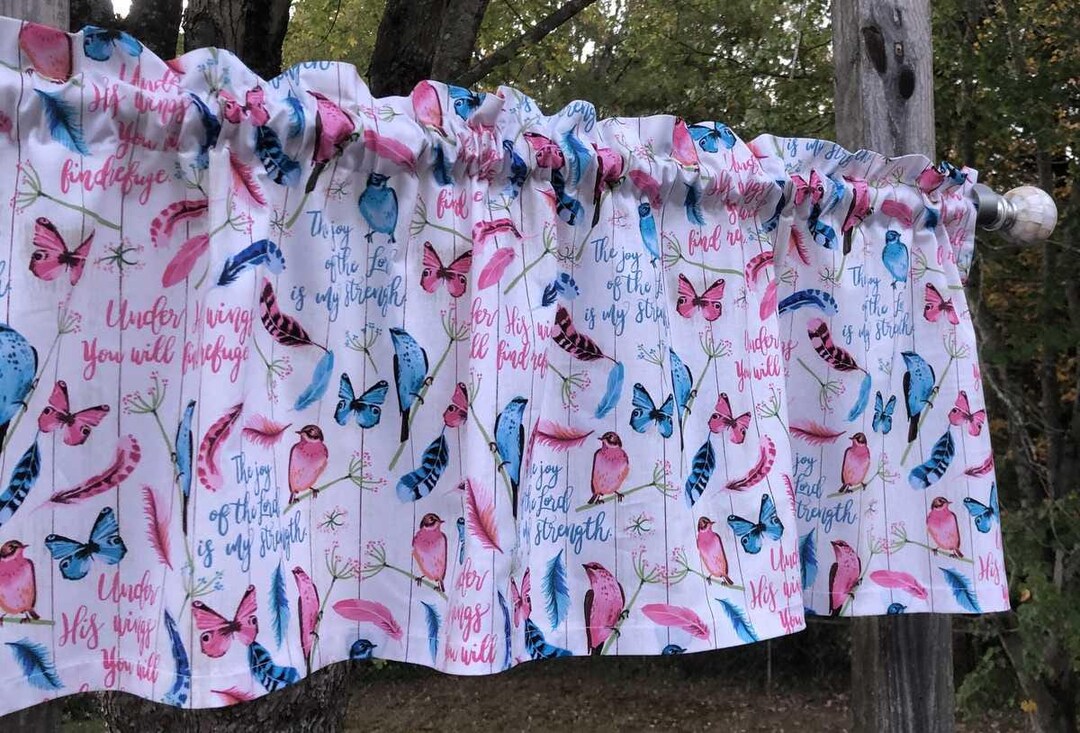 Christian Floral Valance Under His Wings Butterfly Bird Pink Blue ...