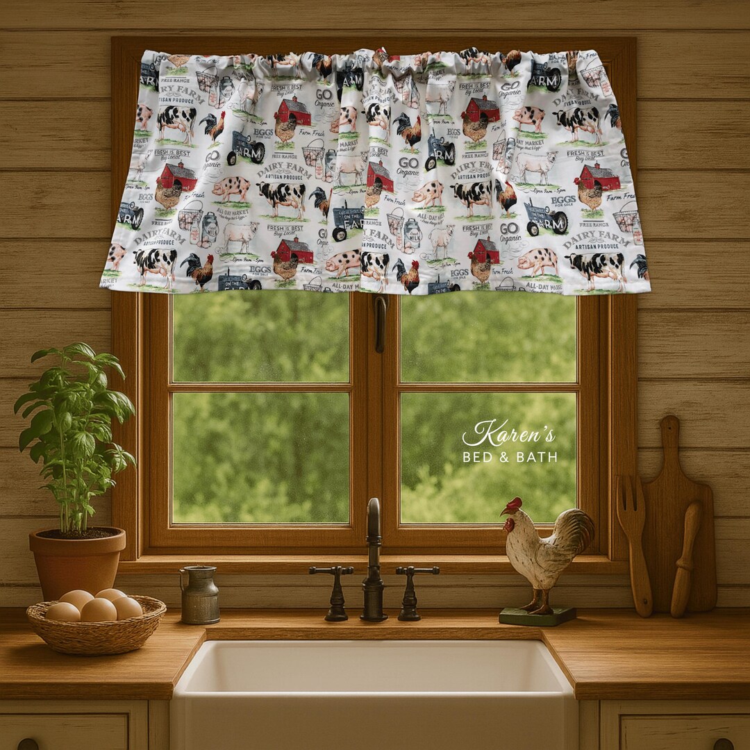 Farm Animal Valance for Kitchen, Rustic Country Window Curtain ...