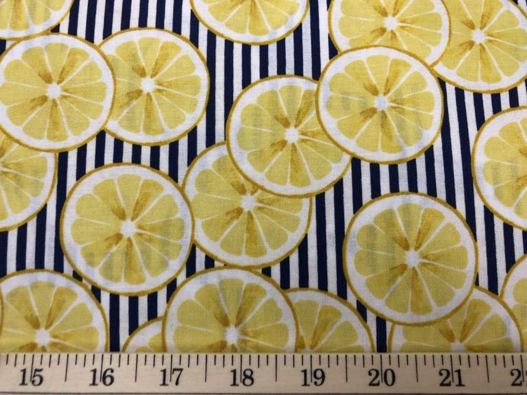 Lemon Stripe Fabric Sliced Lemons Navy Stripes Fabric Lemon Kitchen ...