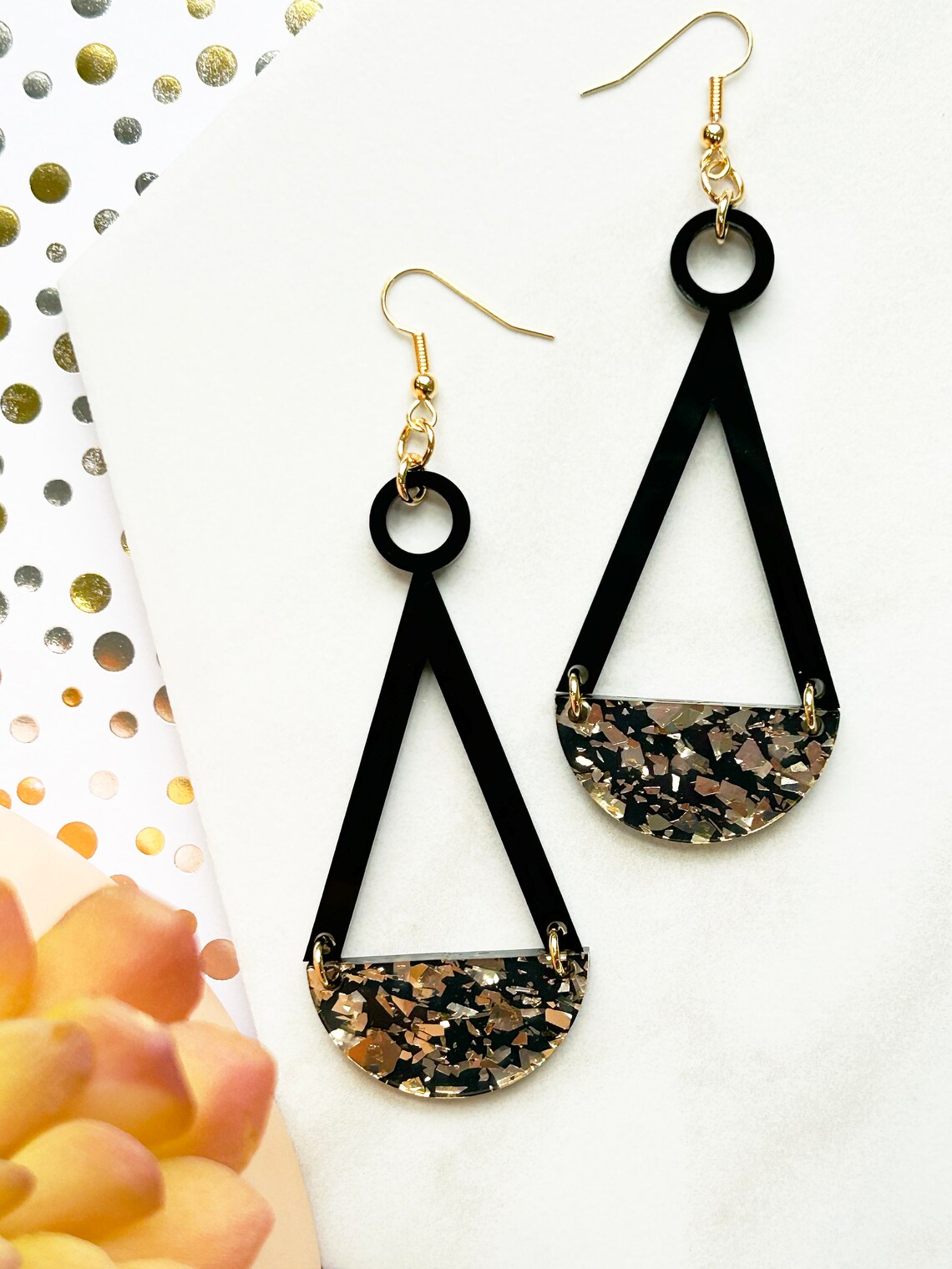 Black and Gold Flake Triangle Drop Earrings Handmade With Cast Acrylic ...