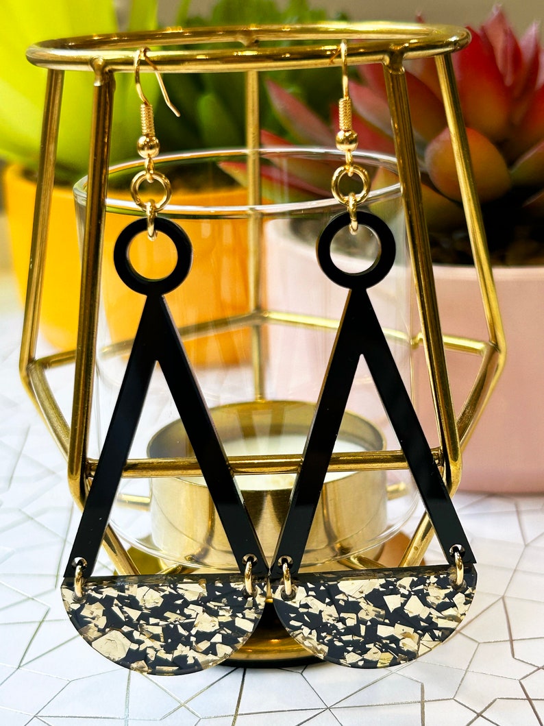 Black and Gold Flake Triangle Drop Earrings Handmade With Cast Acrylic ...