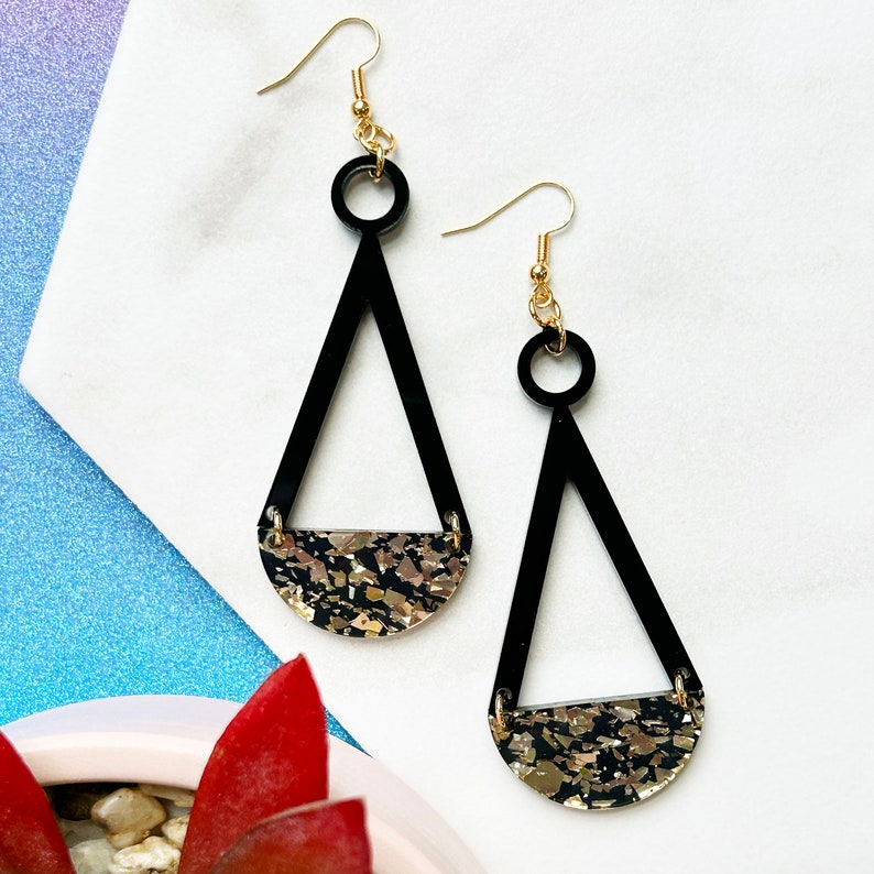 Black and Gold Flake Triangle Drop Earrings Handmade With Cast Acrylic ...