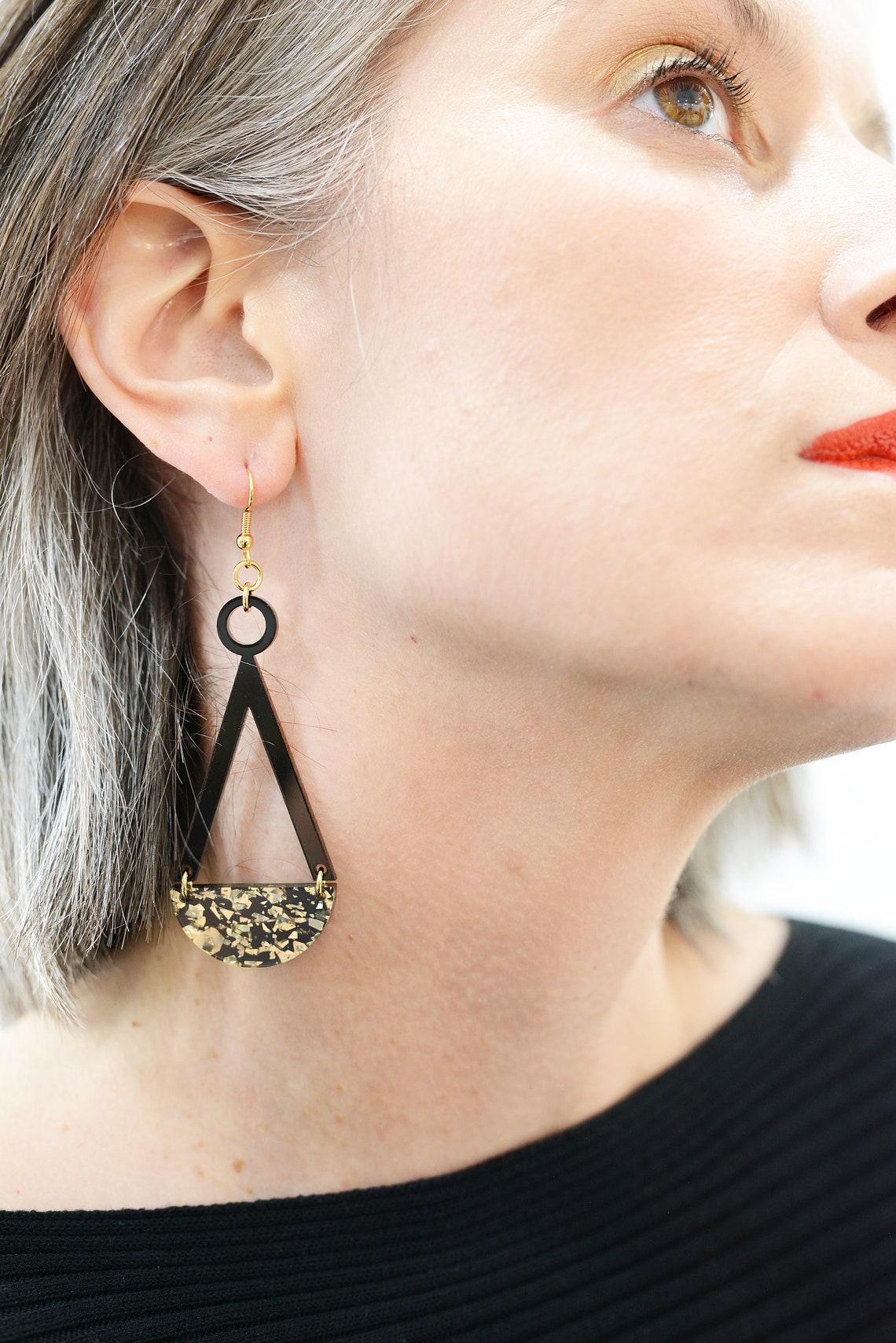 Black and Gold Flake Triangle Drop Earrings Handmade With Cast Acrylic ...