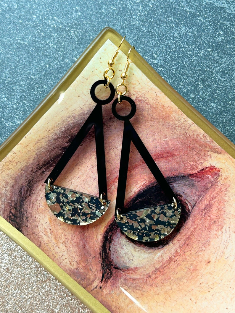 Black and Gold Flake Triangle Drop Earrings Handmade With Cast Acrylic ...