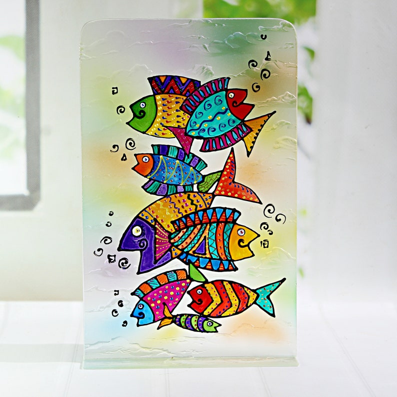 Hand Painted Glass Fish Suncatcher Glass Panel Window Sill Art Glass ...