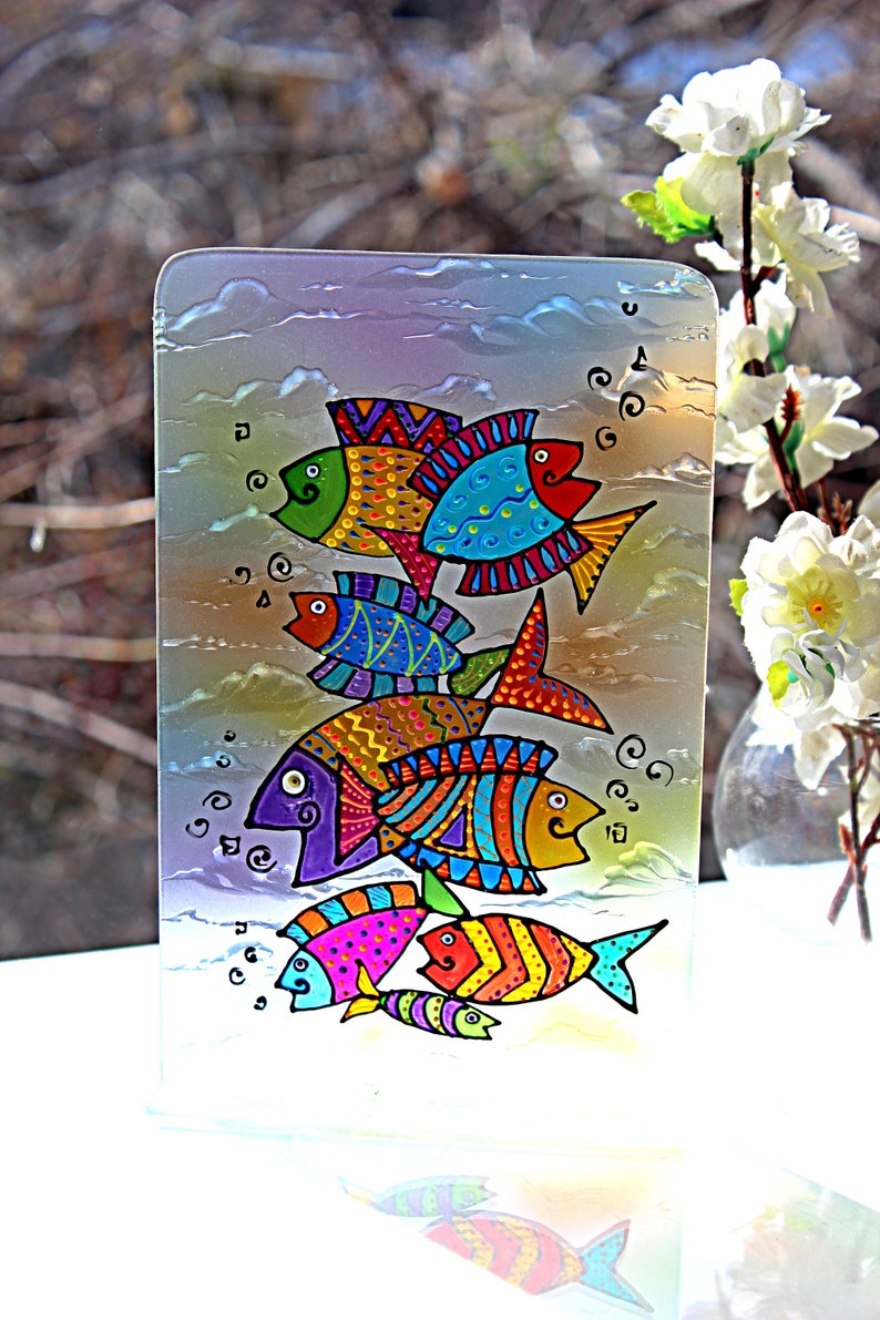 Hand Painted Glass Fish Suncatcher Glass Panel Window Sill Art Glass ...