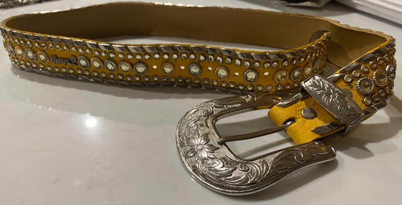 Vintage Kippy's Stylish, Sparkling Big Silver Buckle Yellow Leather ...