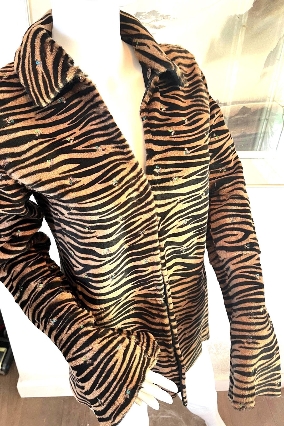 1999 Gianni Versace by Donatella Versace Tiger Print Pony Fur Coat Size ...