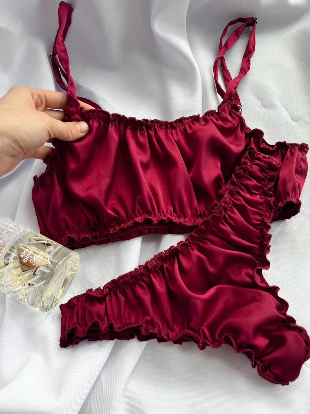 Burgundy Silk Lingerie, Luxury Red Lingerie, Silk Soft Lingerie Set ...