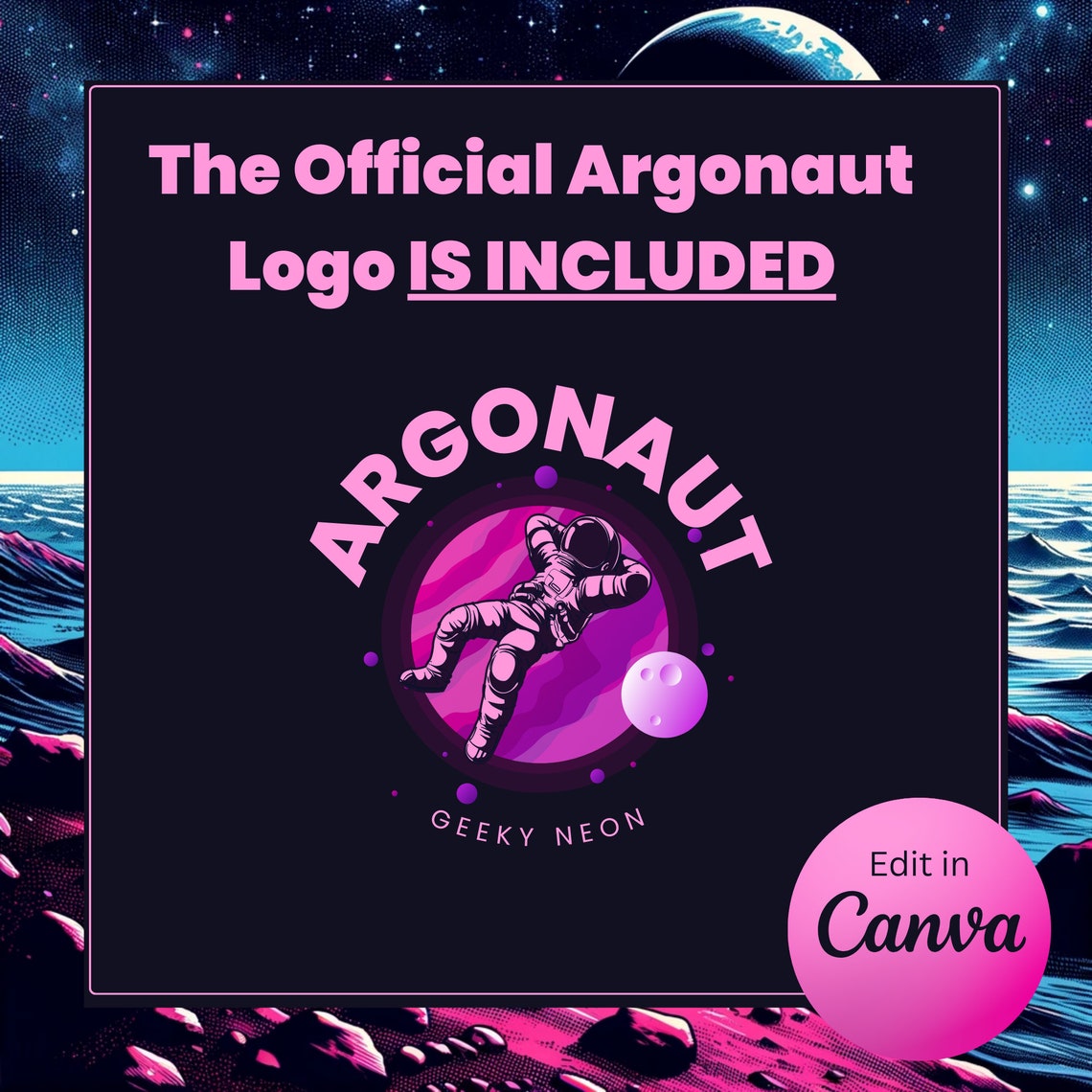 Editable Argonaut Business Card Template in Neon Colors Customizable Space Design Dark Blue ...