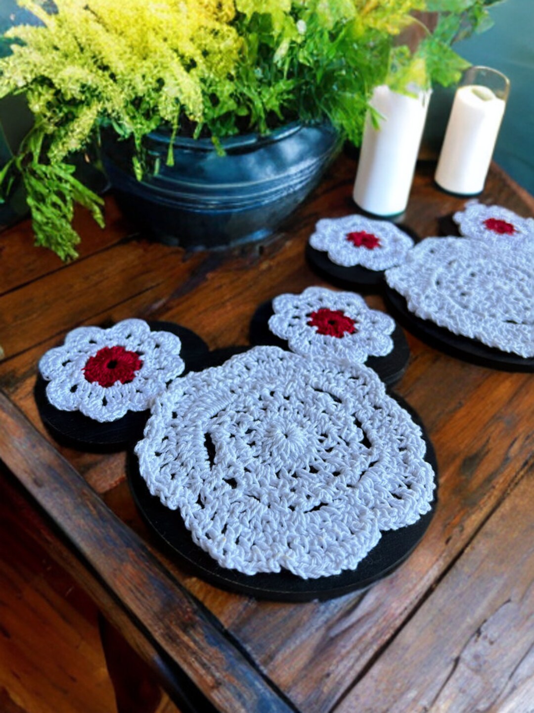 2 Mickey Mouse Disney Inspired Drink/candle Coasters Wood Crochet ...