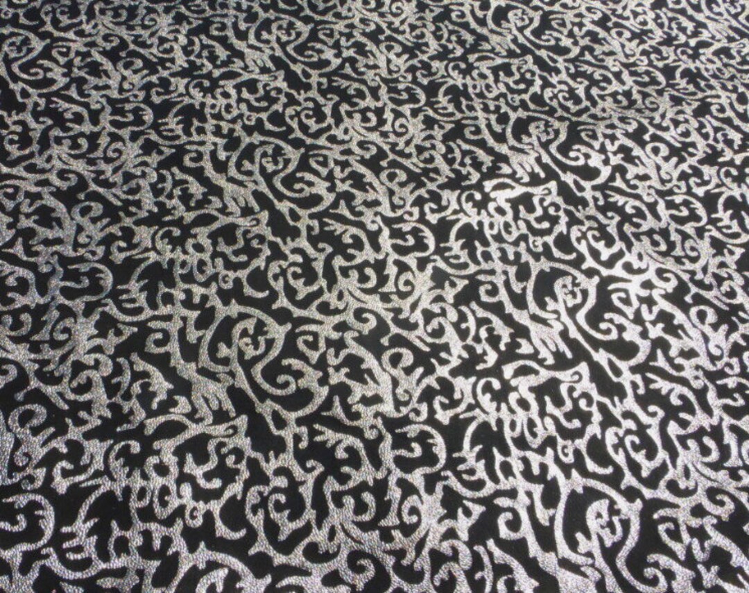 Goatskin Leather Hide Metallic Silver on Black Abstract Arabesque Print ...