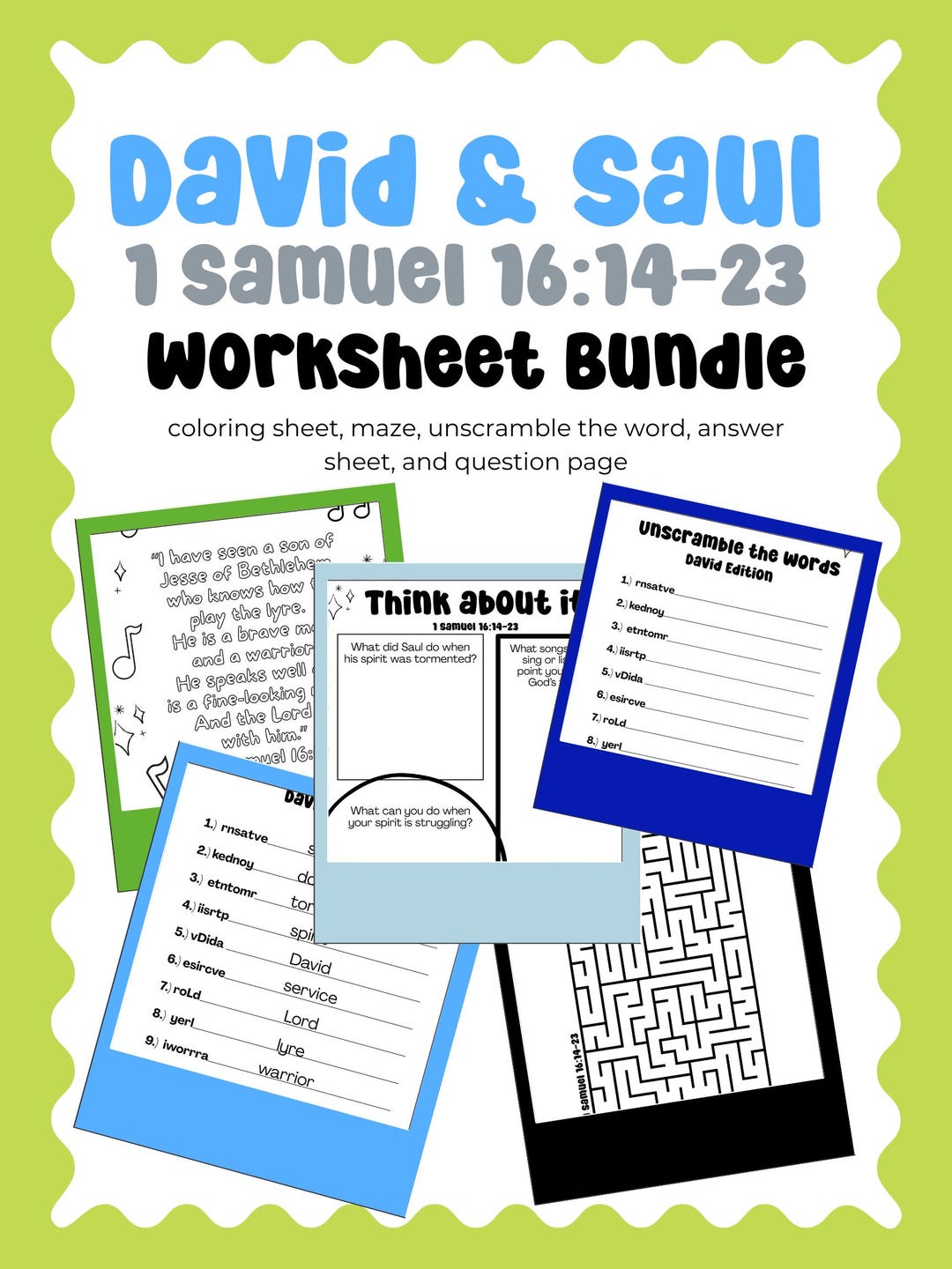 David and Saul 1 Samuel 16:14-23 Worksheet Bundle - Etsy