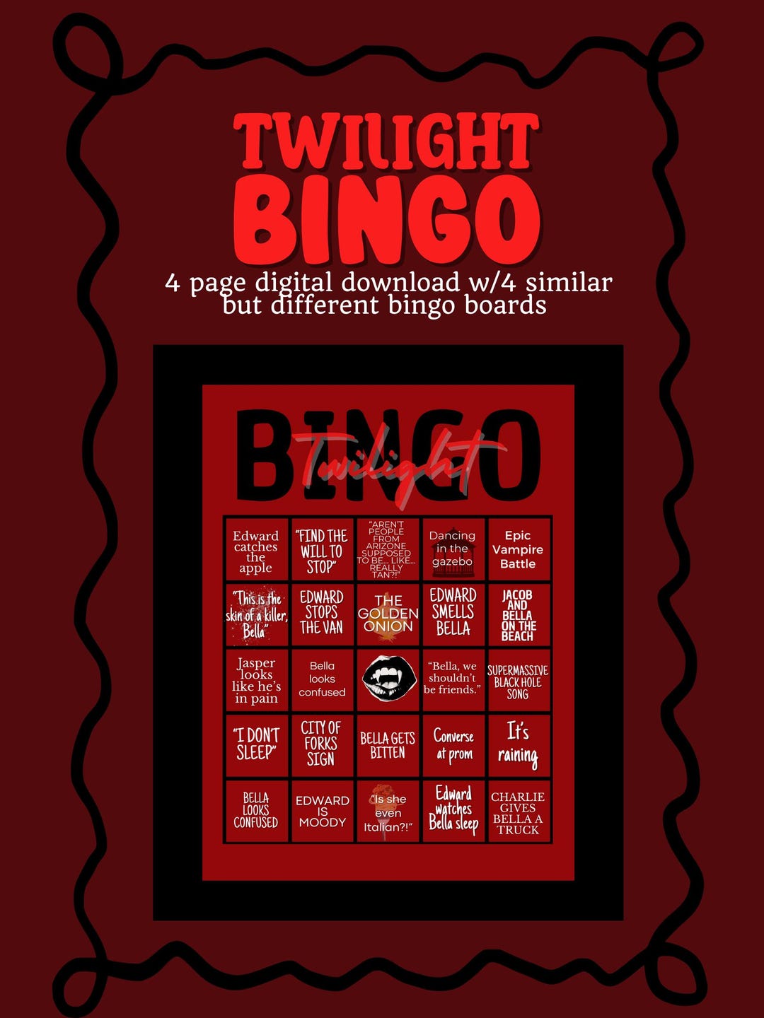 Twilight Movie Inspired Bingo Board - Digital Download - Twilight Party ...