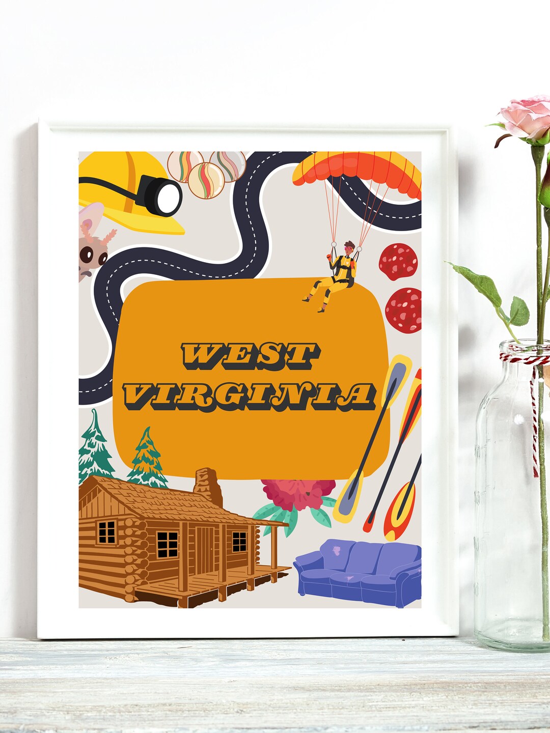 West Virginia Travel Poster: Cabin, Skydiver, Rafting (digital Download ...