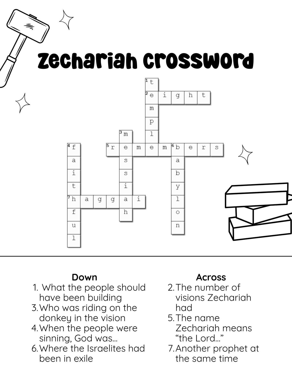 Zechariah Activity Sheet Bundle, Crossword, Coloring Page, Connect the ...
