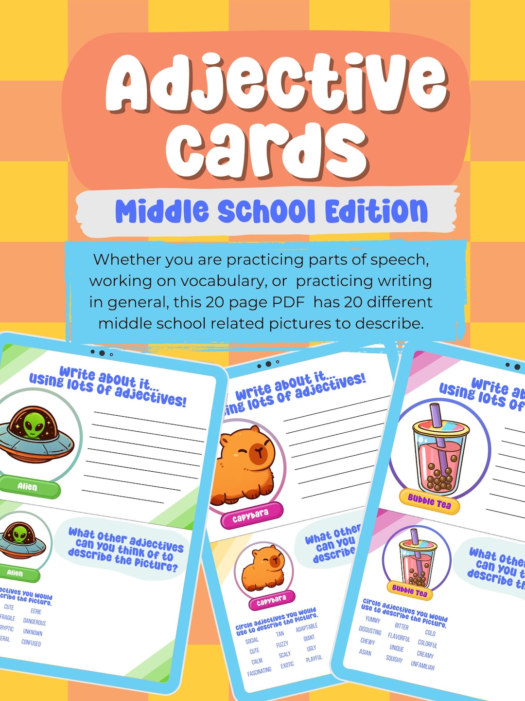Middle School Adjective Cards - 20 Page ELA Resource (PDF) - Etsy