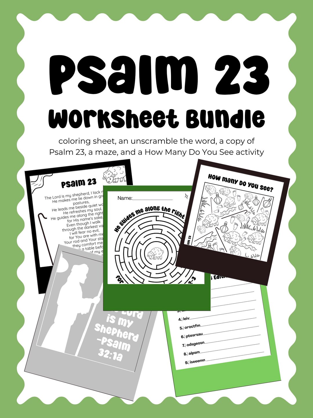 Psalm 23 Worksheet Bundle - 5 Page Digital Download for Sunday School ...
