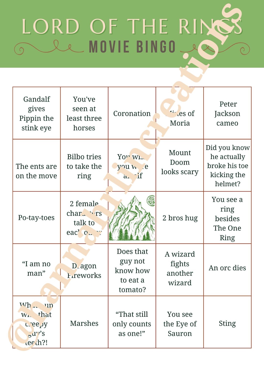 Lord of the Rings Movie Bingo Digital Downloads - Etsy