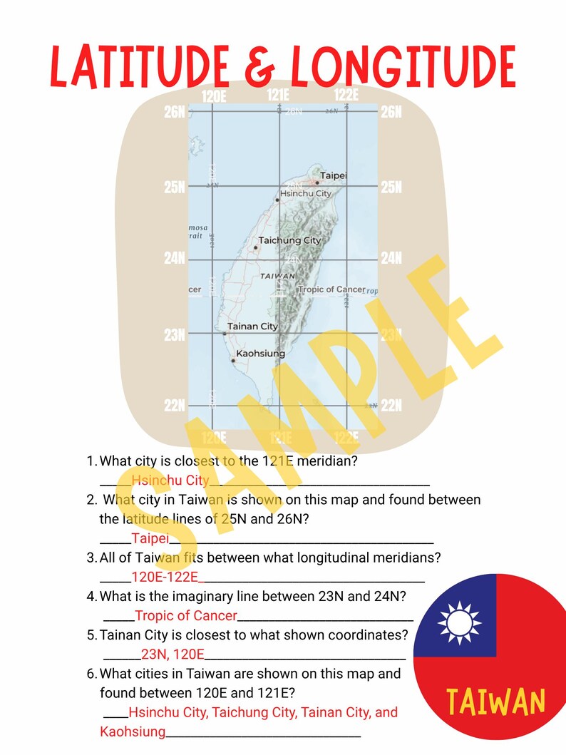 Latitude and Longitude Worksheet - Taiwan - Geography Worksheet - Etsy UK