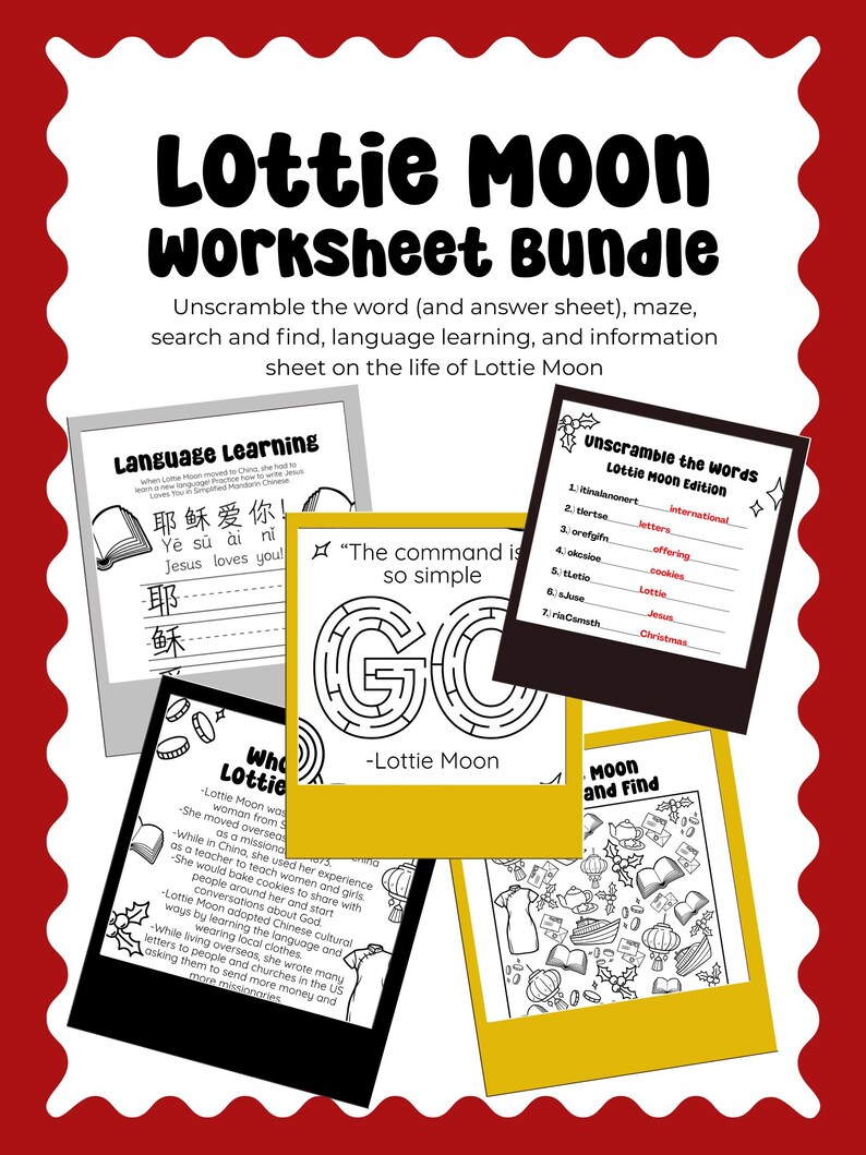 Lottie Moon Activity Sheet Bundle – Maze, Search, Language Learning ...