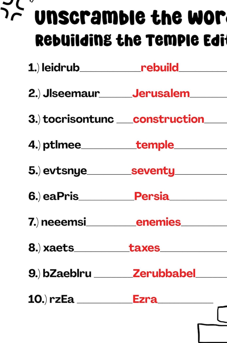 Rebuilding the Temple Worksheet Bundle: Coloring Page, Unscramble the ...