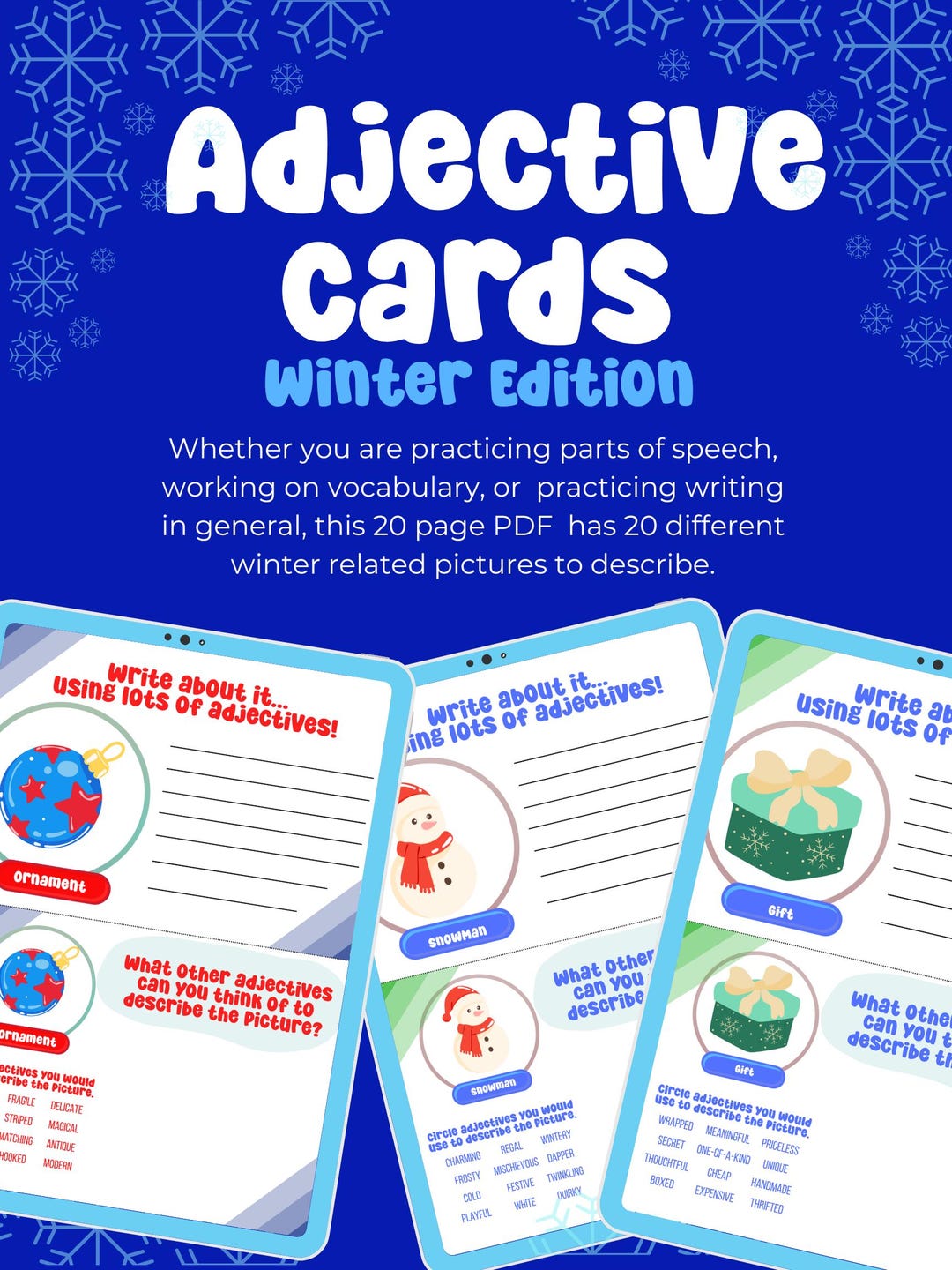 Winter Adjective Practice Cards - 20 Page PDF -ELA Parts of Speech - Etsy