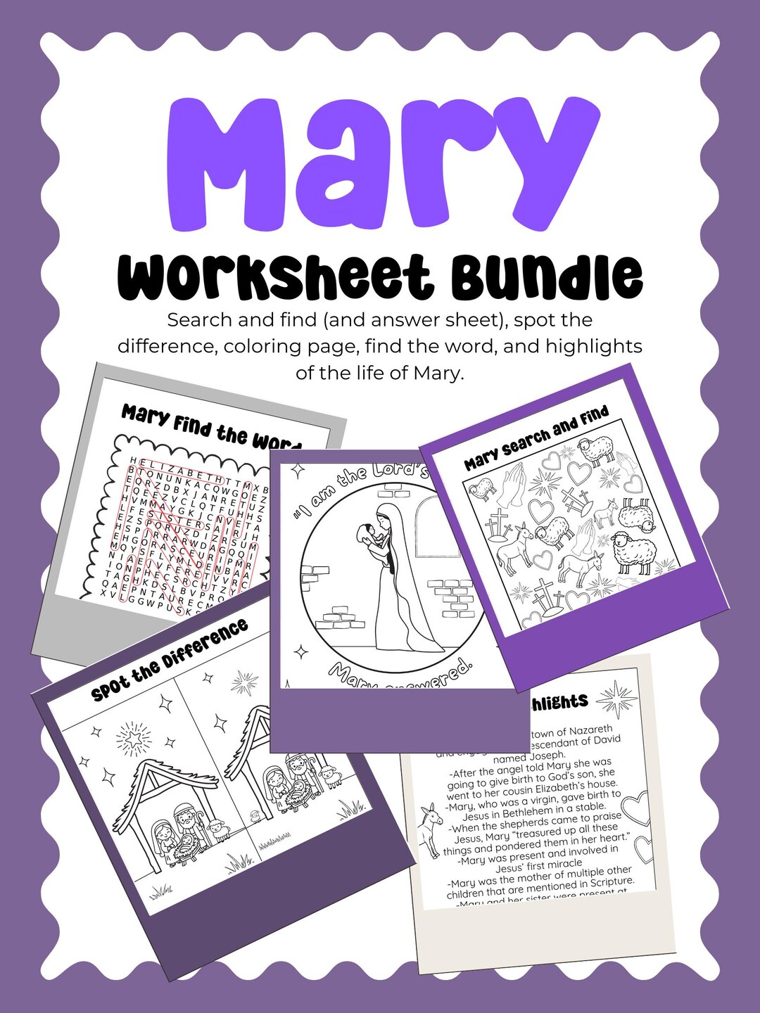Mary Activity Worksheet Bundle – Coloring Page, Search and Find ...