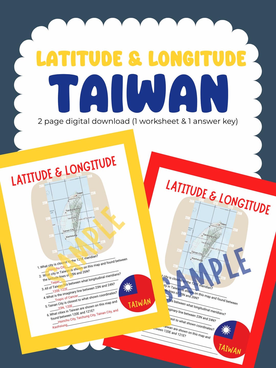 Latitude and Longitude Worksheet - Taiwan - Geography Worksheet - Etsy UK
