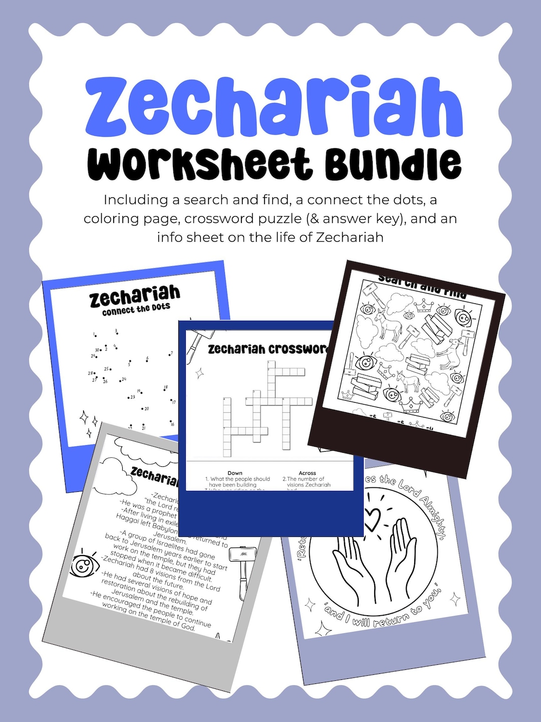 Zechariah Activity Sheet Bundle, Crossword, Coloring Page, Connect the ...