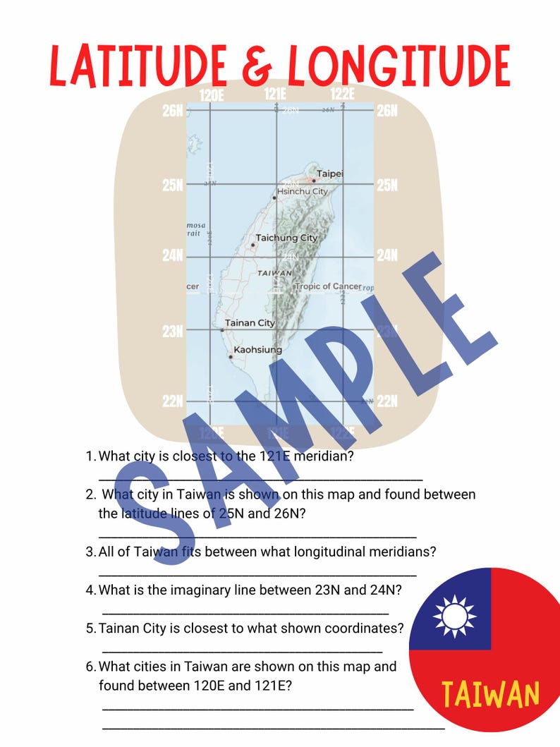 Latitude and Longitude Worksheet - Taiwan - Geography Worksheet - Etsy UK
