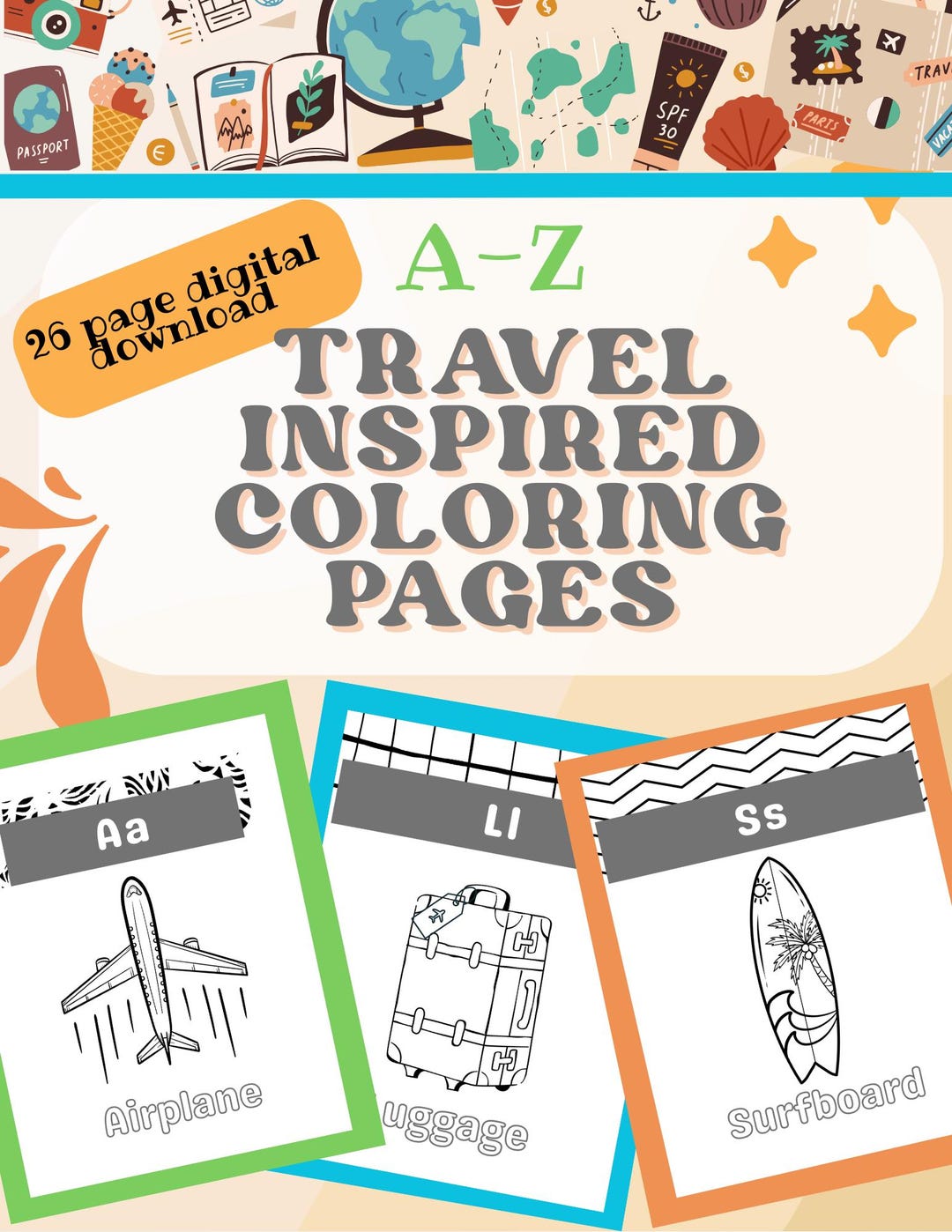A-Z Travel Alphabet Coloring Pages Bundle (digital Download) - Etsy