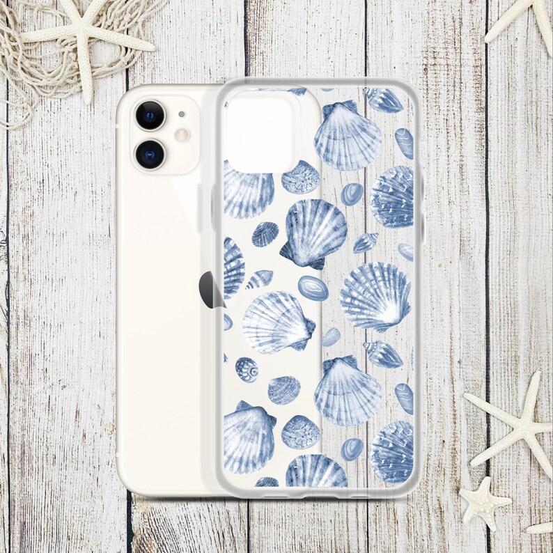 Coastal Sea Shell Blue White Transparent iPhone Case, Preppy Nautical ...