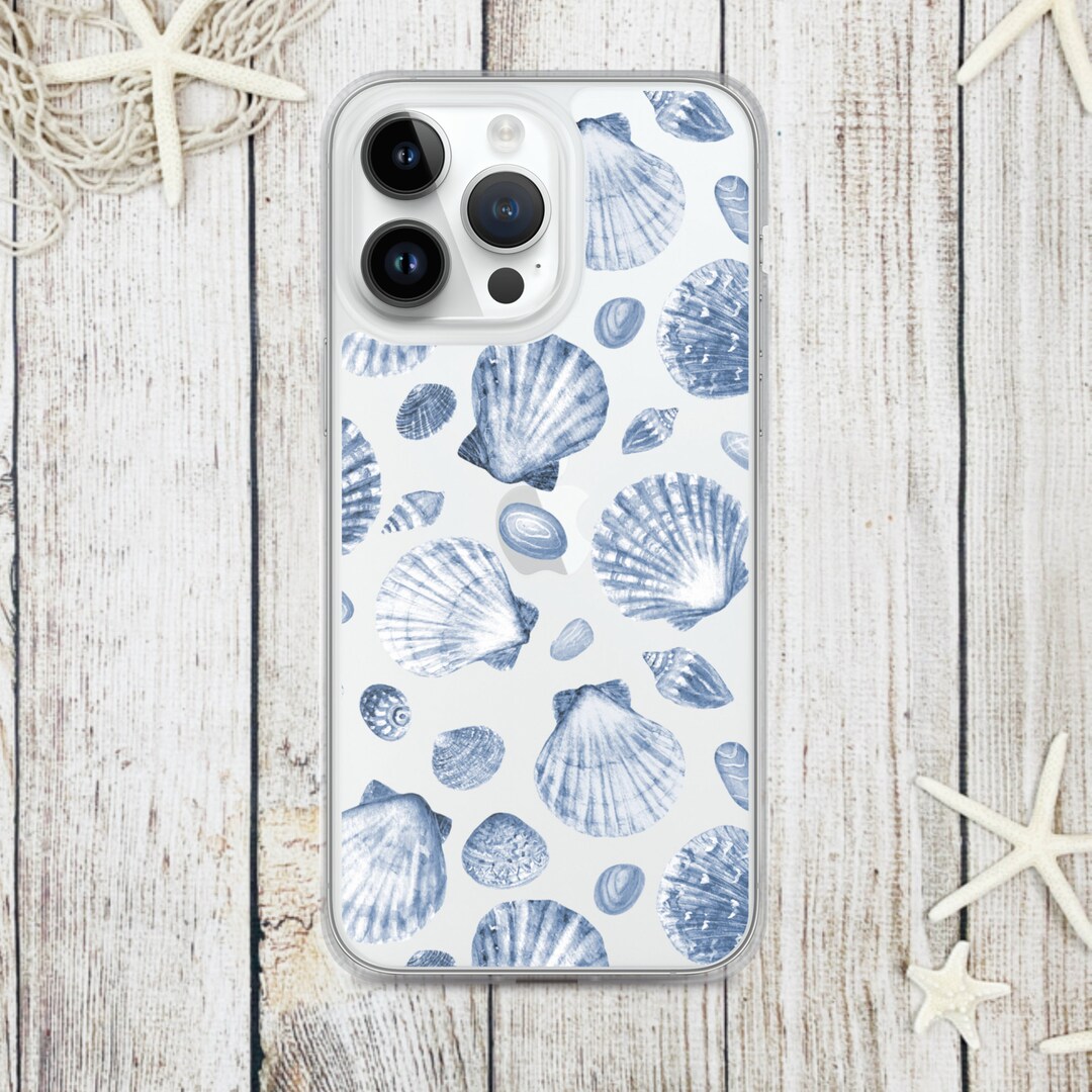 Coastal Sea Shell Blue White Transparent iPhone Case, Preppy Nautical ...