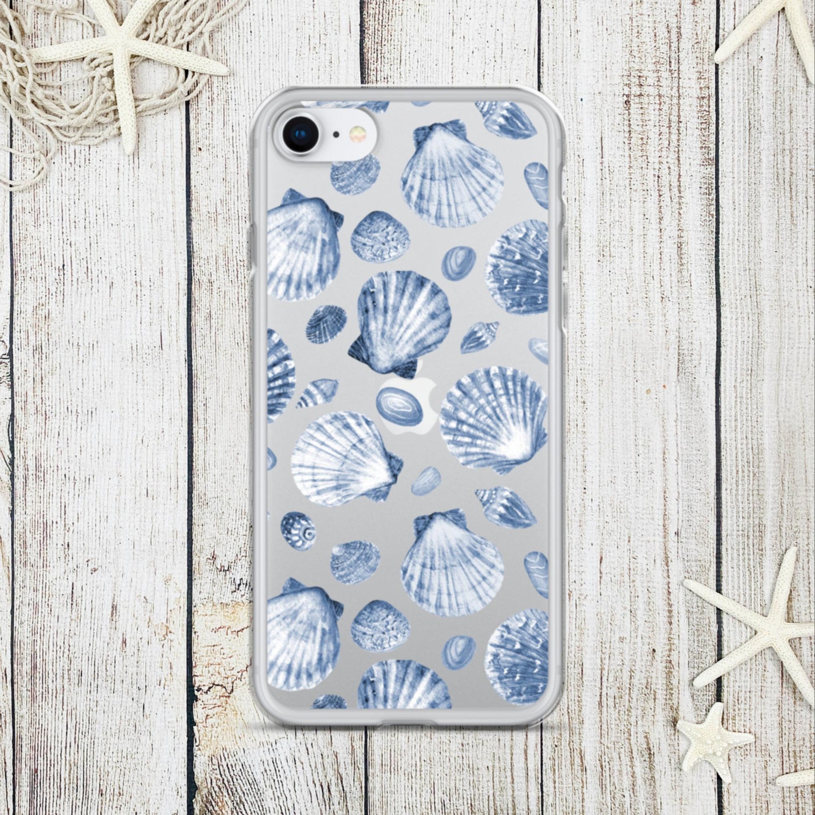 Coastal Sea Shell Blue White Transparent iPhone Case, Preppy Nautical ...