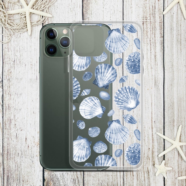 Coastal Sea Shell Blue White Transparent iPhone Case, Preppy Nautical ...