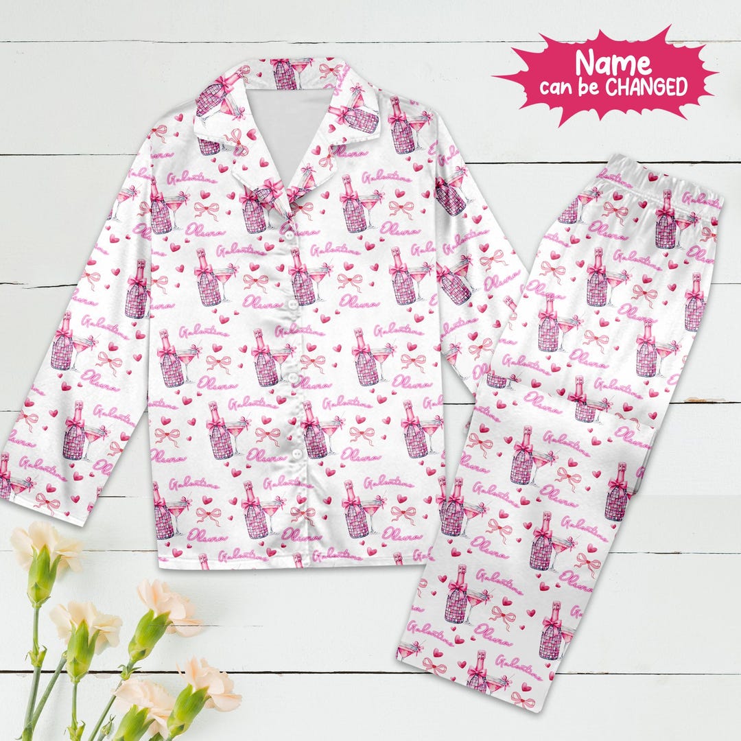 Personalized Galentine Day Girly Pink Wine Bottle and Glass Pajamas ...