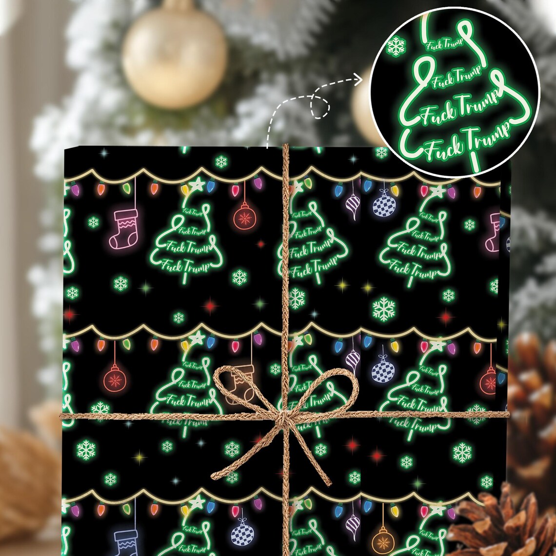 Subtle F*ck Trump Neon Christmas Tree Wrapping Paper, Funny FDT Gift ...