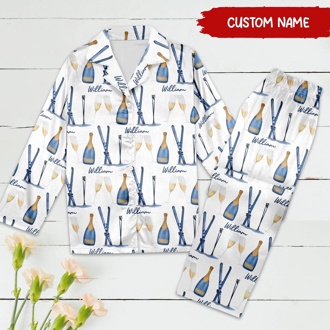 Personalized Custom Name Wine Bottle Pajamas, Customized Blue Skiing ...